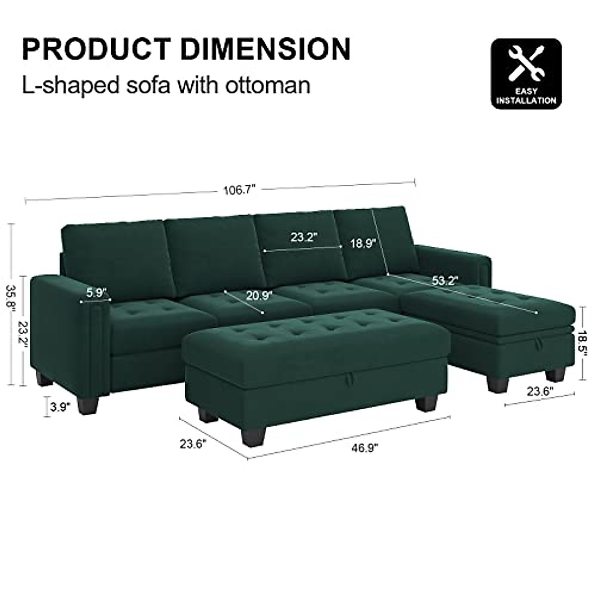 Belffin Velvet Convertible 4-Seat Sectional Sofa with Reversible Chaise L Shaped Sofa Couch Furniture Sets Sectional Couch with Storage Ottoman Green