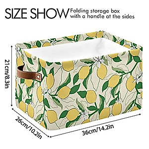 Beige Lemons Fabric Storage Bin with Leather Handles Deorative Basket for Shelves Closet Collapsible Storage Cubes Box Organizer Containers