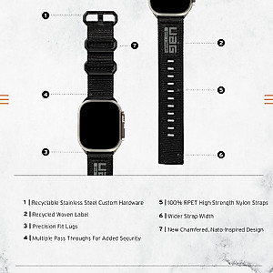 URBAN ARMOR GEAR UAG Compatible with Apple Watch Band 49/45/44/42mm for iWatch Series Ultra 2/9/Ultra/SE2/8/1-7/SE Nato Eco Graphite/Black (New Edition) Nylon Sport Adjustable Replacement Strap