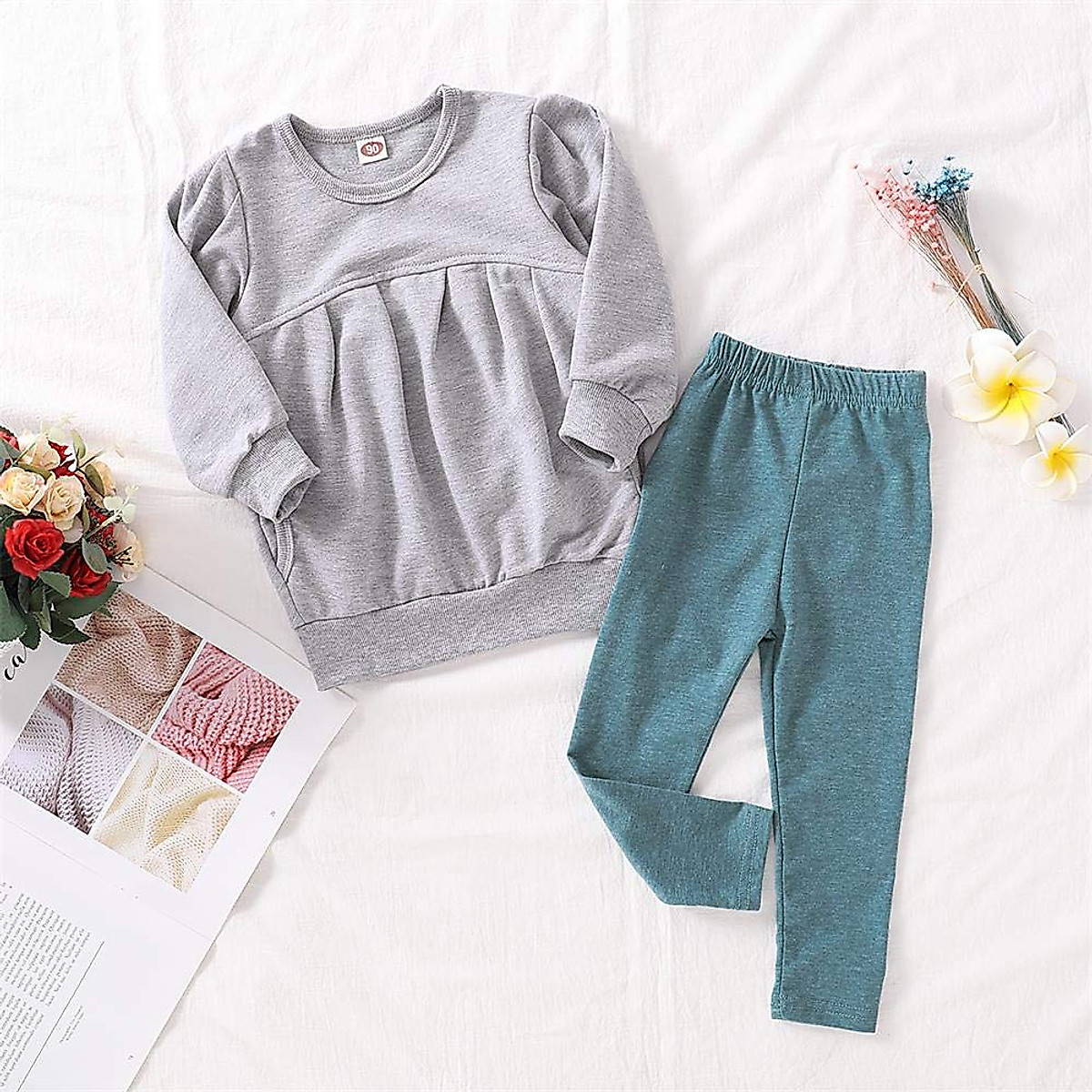 Ritatte Toddler Girls Clothes Winter Warm Long Sleeve Tops Long Pants Suit Kids Soft Cotton Fall Outfits 2Pcs Set(Gray,3-4T(110))