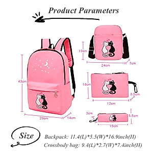 4Pcs Cute Cat Prints Canvas Primary School Bag Rucksack Backpack Set for Girls Elementary Bookbag