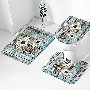 AAtter Rustic Teal Flower Shower Curtain Set Farmhouse Barn Door Flower Polyester Fabric Curtain with Non-Slip Rug, Toilet Lid Cover and Bath Mat for Bathroom Set 4 Pcs (W60''xH72'') 12 Hooks Included