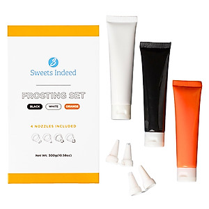 Sweets Indeed - Halloween Frosting Set - 3 Pack - 3.5 ounce tubes - Black Orange White - 4 nozzles included - Holiday Frosting - Cookie Decorating Kit - 10.58 oz