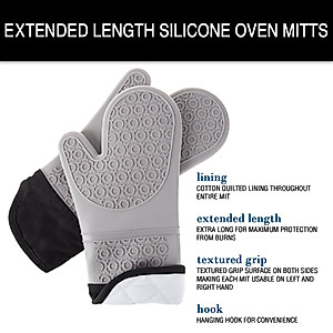 Silicone Oven Mitts – Extra Long Professional Quality Heat Resistant with Quilted Lining and 2-sided Textured Grip – 1 pair Gray by Lavish Home