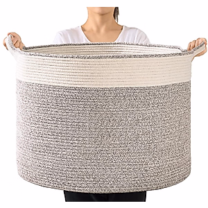 miberte Large Cotton Rope Basket-Throw Blanket Storage Basket 22" x 22" x 14" for Pillows in Living Room Woven Baby Laundry Basket with Handle,Nursery Basket Soft Toy Storage Basket Brown & White
