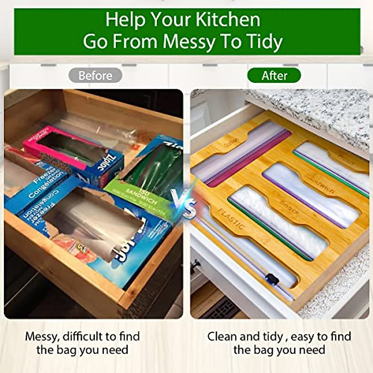 Plastic Bag Organizer for Kitchen Drawer, Bamboo Baggie Organizer and Wrap Dispenser with Cutter, Bag storage organizer Compatible with Gallon Quart Sandwich Solimo Glad Snack Variety Size Bag