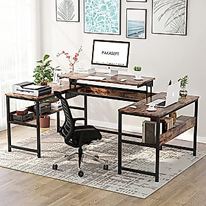 PAKASEPT U- Shaped Desk with Lift Top, Sit to Stand L Shaped Computer Desk, Height Adjustable Standing Desk with Storage Shelves and 3 Desktop for Home Office