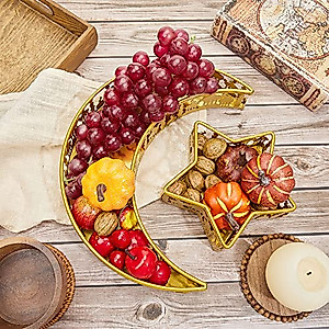 Eid Star Dinner Plate Tray Fruit Plate Ramadan Decoration Ramadan Moon Serving Tray Muslim Food Tray Mubarak Metal Serving Dishes Islam Snack Display Holder for Ramadan Islam Party Decoration, Gold
