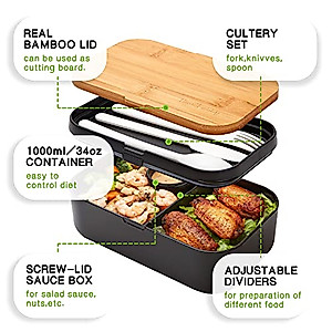 HmoeFmily Bento Lunch Box for Adults & Kids,Bamboo Board Lid,Includes Sauce Cup,Divider,Cutlery Set,Bento Box Adult Lunch Box,Leak-proof,Microwave & Dishwasher & Freezer Safe