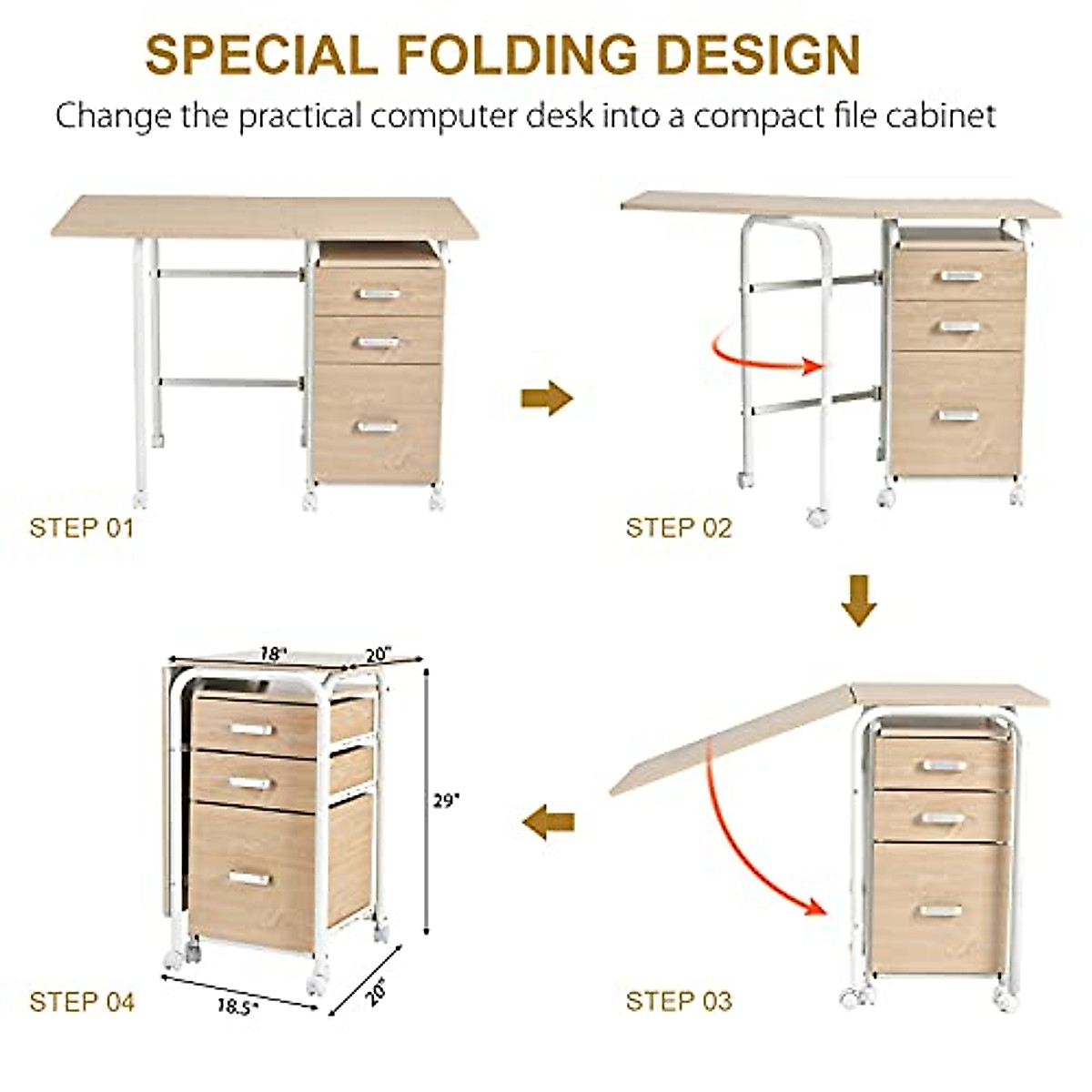 Tangkula Folding Computer Desk with 3 Storage Drawers, Mobile Home Office Desk Study Writing Desk with Smooth Wheels, Space Saving Compact Desk for Dorm Apartment, Rolling Folding Desk Table