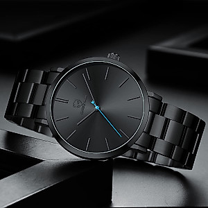 GOLDEN HOUR Men's Watches Slim Minimalist Runway Black Stainless Steel Quartz Analog Watch with Blue Hands