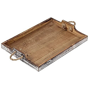 Rustic Trays for Coffee Table with Hemp Rope Handles, Solid Wooden Serving Trays, Vintage Ottoman Tray for Living Room, Farmhouse Table Trays Decorative