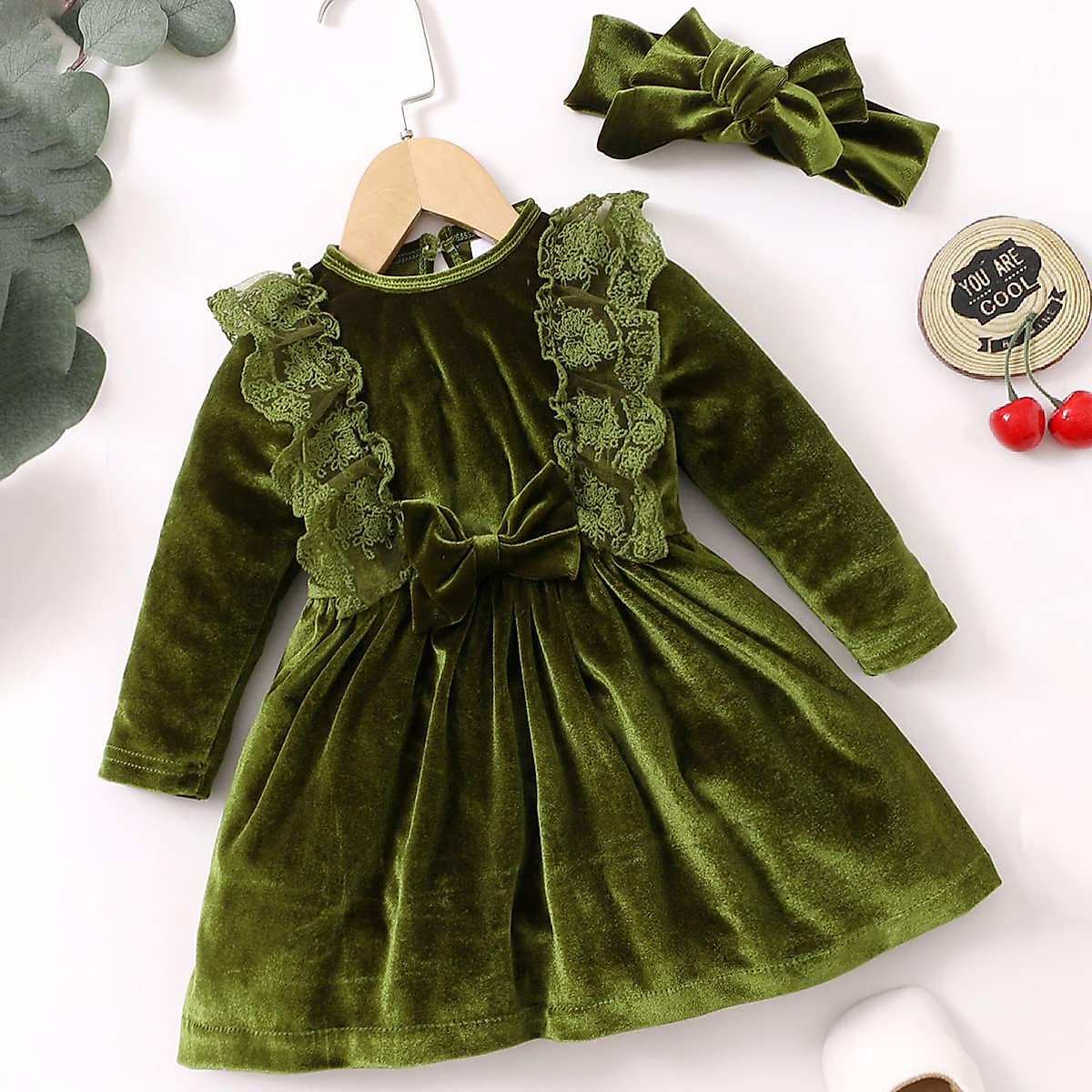 AFAVOM Toddler Baby Girls Velvet Tutu Dress with Headband Fall Winter Outfits Kids Lace Long Sleeve Princess Birthday Party Christmas Dresses Vintage Casual Holiday Playwear Clothes Green 6-9 Months