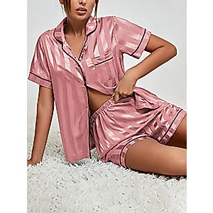 Umenlele Women's Silky Satin Striped Pajamas Short Sleeve Top with Shorts Sleepwear PJ Set Pink Small
