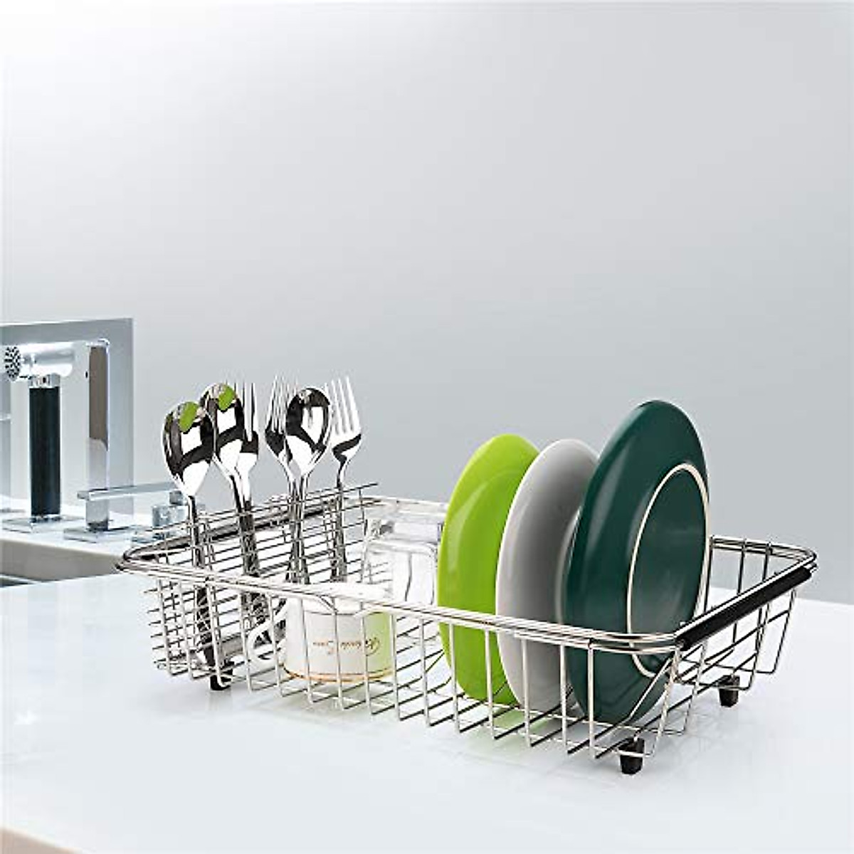 blitzlabs Dish Drying Rack Expandable Dish Drainer Rack Large Drain Dish Rack Shelf in Sink or Over Sink or On Counter Stainless Steel Dish Rack with Utensil Silverware Cutlery Holder