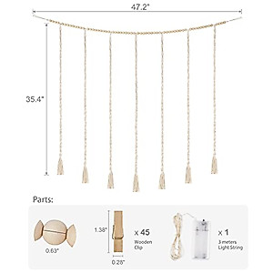 Mkono Macrame Hanging Photo Display Wall Decor with String Lights Boho Wooden Beads Garland Collage Picture Frame Holder with 45 Clips for Bedroom, Living Room, Nursery Dorm, Teenage Teen Girl Gifts