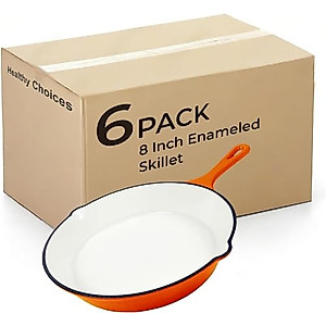 Healthy Choices Enameled Cast Iron Skillet, 8" Set of 6, Professional Cast Iron Pan, Orange & White Enameled Skillet, Oven Safe, Bake Cookies, Sauces, Desserts, BBQ, Dishwasher, Induction, Open Fire