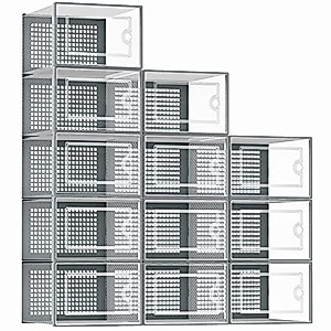 Kuject Shoe Organizer Storage Boxes for Closet 12 Packs Dark Grey, Slot-Lock Design Stackable Clear Plastic Shoe Storage Bins, Shoe Storage Containers for Entryway, Closet Floor, Drop Front