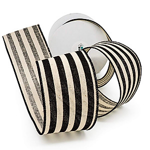 CT CRAFT LLC Striped Canvas Cotton Ribbon 2.5" x 10 Yards Ivory/Black Stripes for Thanksgiving Christmas Home Décor Gift Wrapping Outdoor Tree Topper Bow Wreath