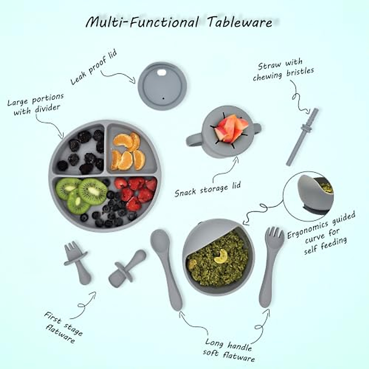 Silicone Baby Feeding Set -16 piece Baby Led Wearing Supplies with Suction plates for toddlers, bowls, Baby Utensils, Snack Cup, Sippy Cups, Toddler Utensils items Gray 6+ Months essentials must have.