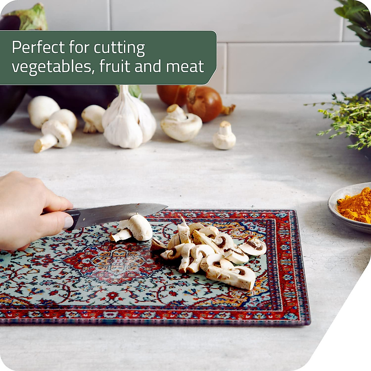 Peleg Design Rugboard Tempered Glass Cutting Board for Kitchen, Multi Purpose Decorative Glass Chopping Board, Heat Resistant Shatter Resistant Serving Tray (9.6 x 14.4 inches)