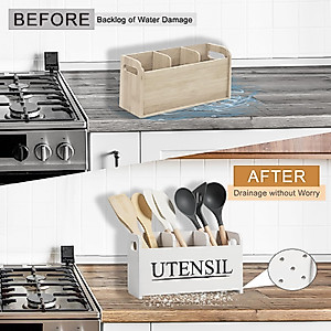 Ziluce Wood Utensil Holder, Utensil Holder for Kitchen Counter, for Organizing and Storing Cooking Utensils, 3 Compartments - White