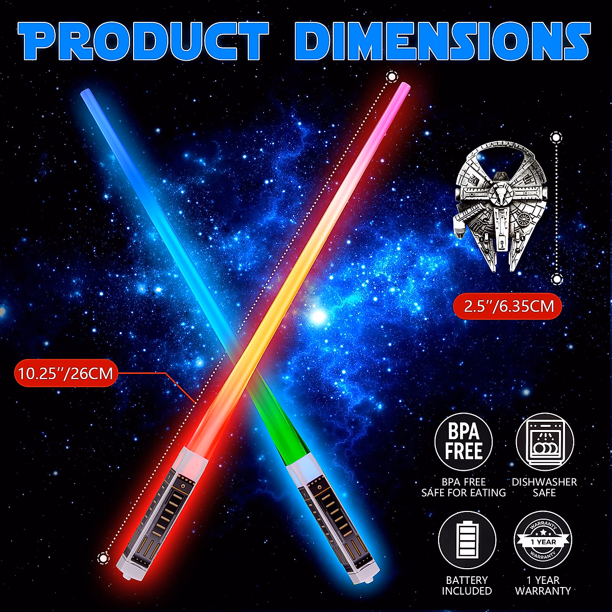 Luxxis Lightsaber Star Wars Chopsticks Light Up LED glowing Multicolor Chopsticks for Fun Theme Party and Gift Set [1 pair - Multicolor] with Bottle Opener and Gift Ready Post Card