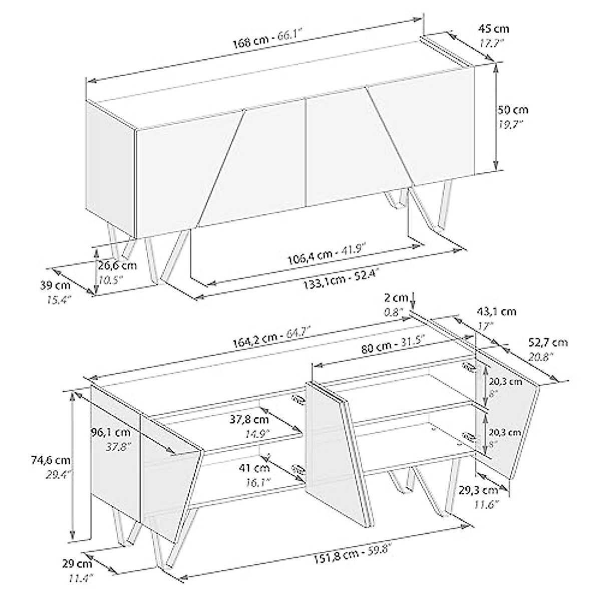 Mobili Fiver, Emma 4-Door Sideboard with White Legs, Concrete White, Made in Italy