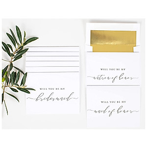 Will You Be My Bridesmaid Cards 4x5.5 Folded White Proposal Card with Black Caligraphy with Gold Foil Lined Envelopes 6 Bridesmaid Cards 1 Maid of Honor Card and 1 Matron of Honor Card Set Elegant Minimalist Style