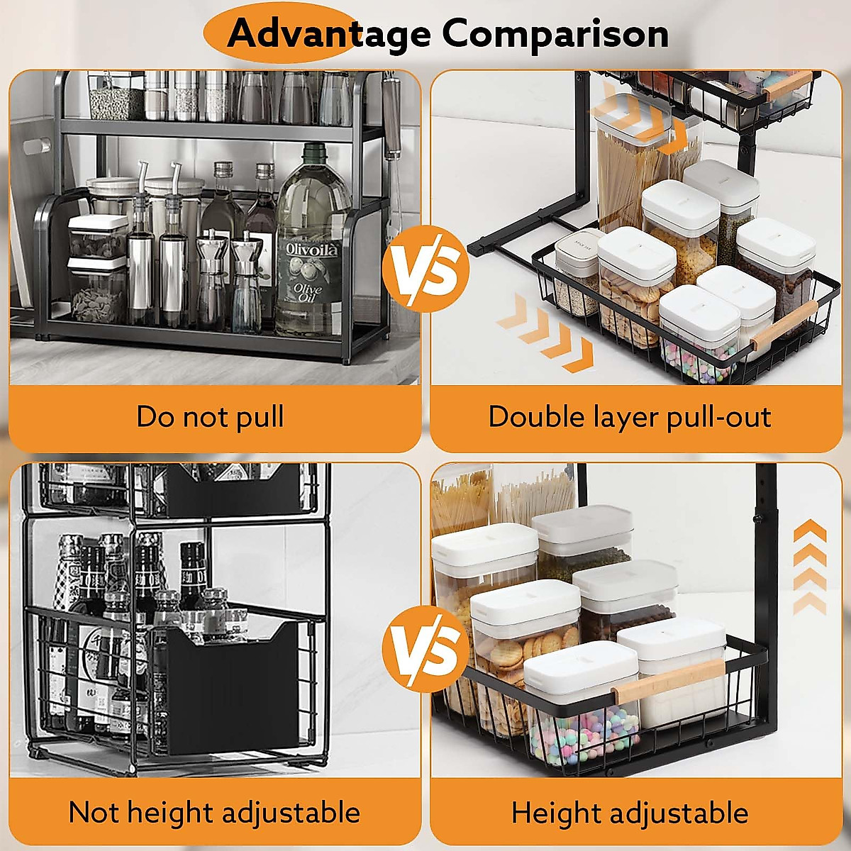Under Sink Organizers and Storage 2 Pack, 2 Tier Height Adjustable Bathroom Organizers and Storage Sliding Under Kitchen Sink Organizer Pull Out Cabinet Organizer for Kitchen Bathroom Cabinet