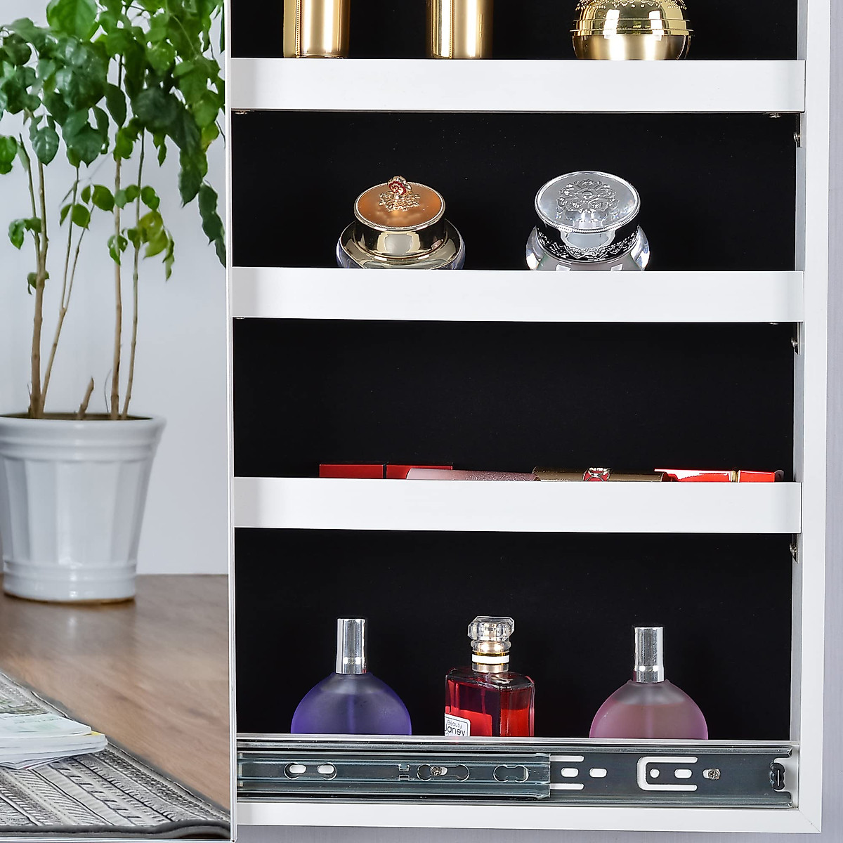 HOUAGI Mirror Jewelry Cabinet,Wall/Door Mounted Jewelry Armoire Organizer,42.5'' High Full Length Mirror with Jewelry Storage with Slide Rail, White-Slide Door