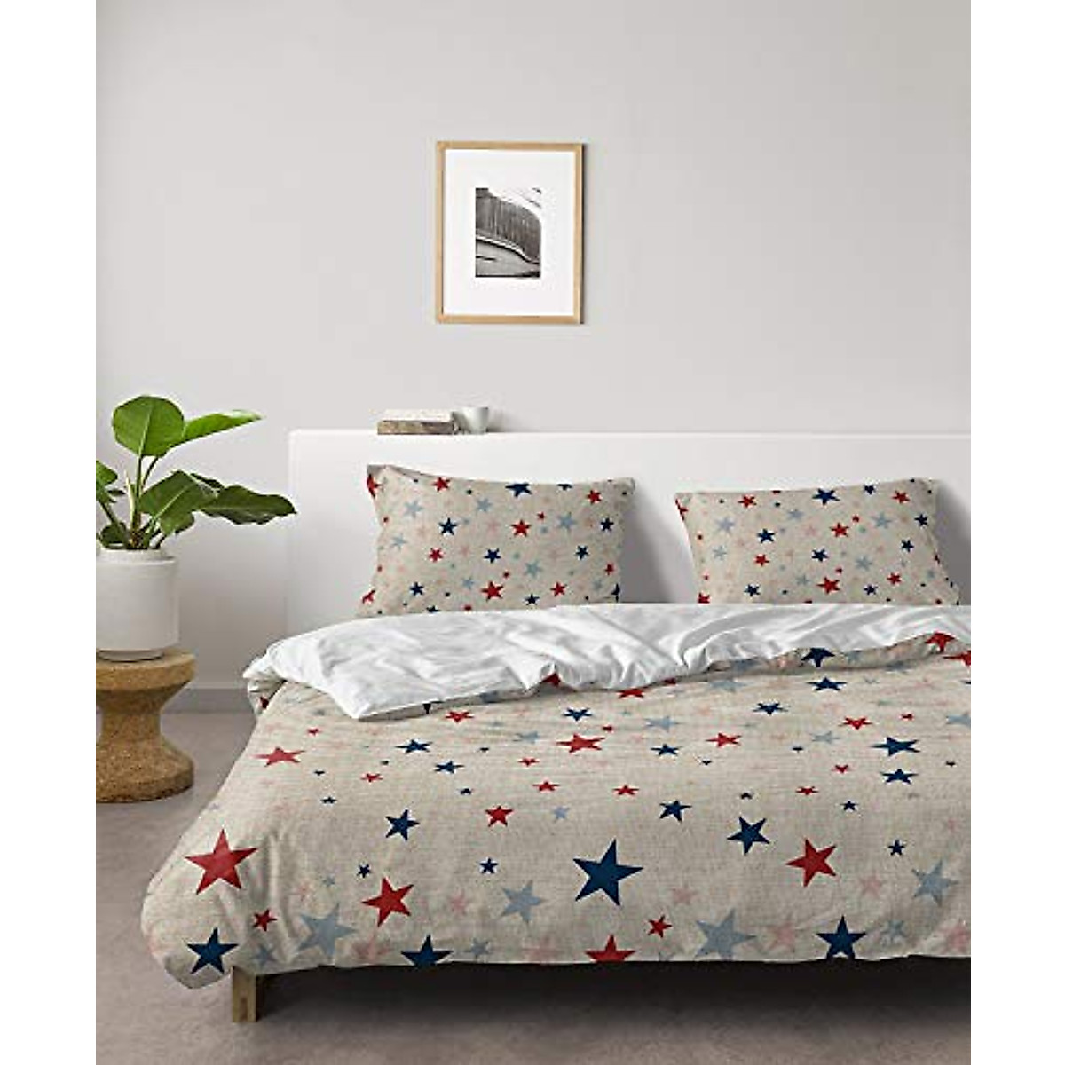 Vintage Stars on Beige Linen Duvet Cover Set Cali King,4 Pieces Blue Red Star Independence Day Bed Sheet Sets Soft Comforter Cover with Flat Sheet 2 Pillow Shams for Man/Woman 4th of July