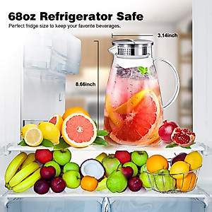 Glass Pitcher with Lid 68oz Water Jug Pitcher Stainless Steel Iced Tea Carafe Pitcher Drip-Free Heat Resistant Borosilicate Glass for Juice Milk Coffee Wine Cold & Hot Beverage with Beverage Stirrer