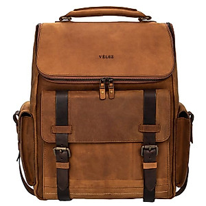 VELEZ Top Grain Leather Backpack for Men - 15 Inch Laptop Bag - Brown Designer Bookbag - Archaeology Vintage Travel Rucksack - Casual Daypack for Women