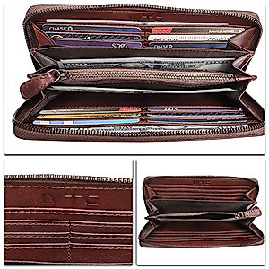 Genuine Leather Wallet for Women Dual Use Zip Long Purse Vintage Handmade Clutch Cowhide Card Holder Organizer (Coffee)