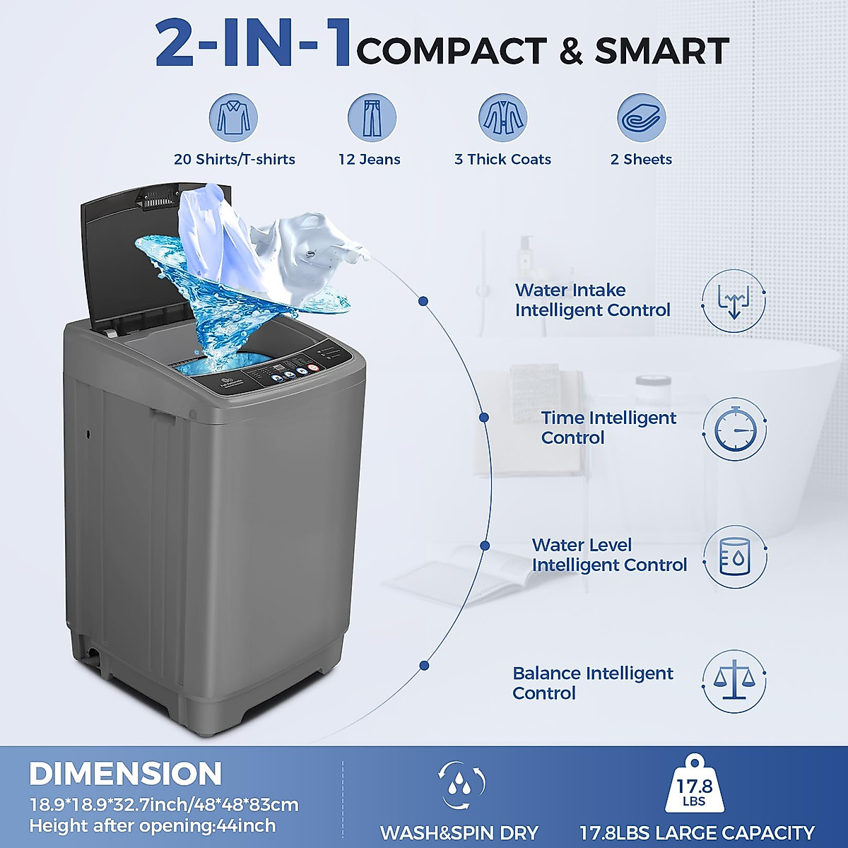 Nictemaw Portable Washing Machine 17.8Lbs Large Capacity Portable Washer Machine with 10 Programs and 8 Water Levels Selections, 2.4 Cu.ft Small Washing Machine for Apartment, Home, Dorms, Rv