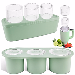 Fu Store Ice Cube Tray for Tumbler Cup 30-40 oz Tumbler 3pcs Silicone Ice Cube Molds With Lid and Bin for Chilling Cocktails Whiskey Drinks Juice Coffee Easy Fill and Release Ice Maker(Green, 40 oz)