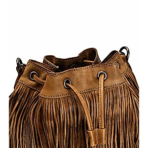 ZLYC Women Handmade Dip Dye Leather Bohemian Fringe Tassel Drawstring Bucket Bag, Brown
