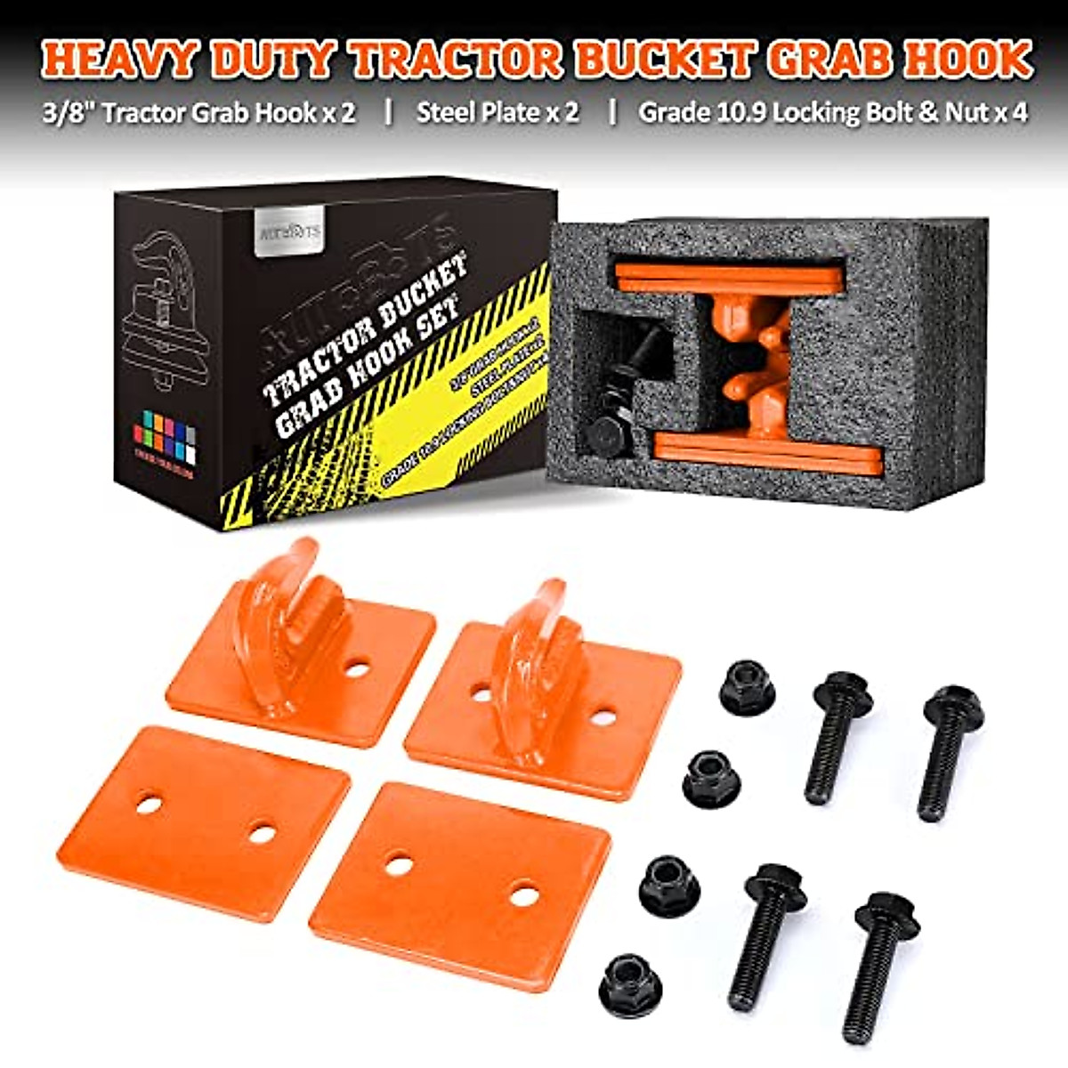 AUTOBOTS 3/8" Tractor Bucket Grab Hook (2 Pack), 15,000lbs Break Strength Grab Hooks with Grade 70 Forged Steel Bolt Compatible for John-Deere Truck UTV ATV Tractor Bucket(Orange)