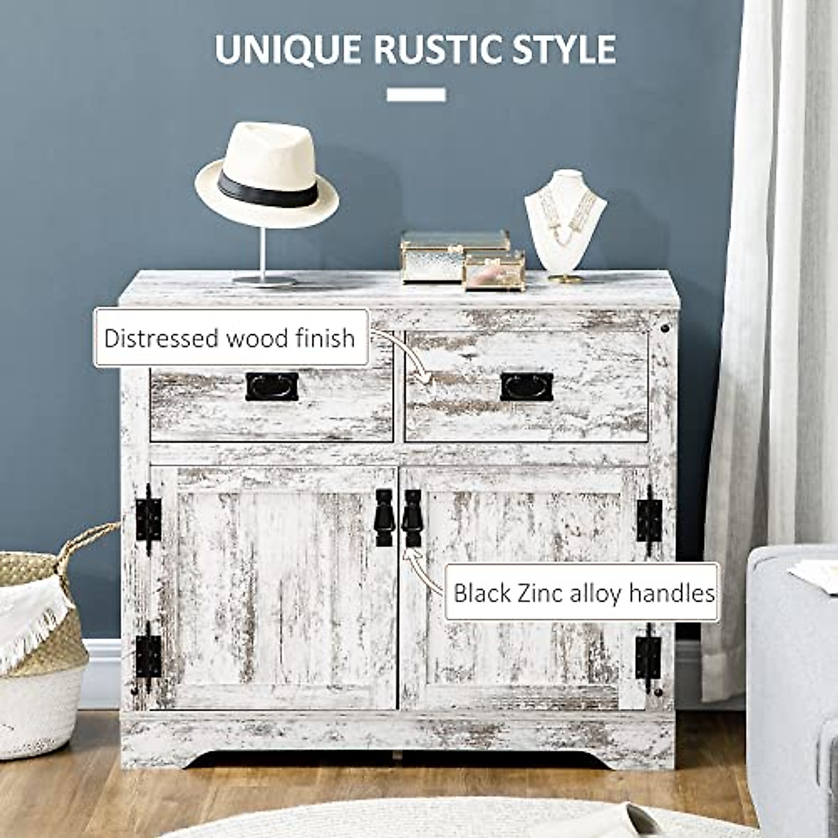 HOMCOM Industrial Sideboard Buffet Cabinet with 2 Drawers Kitchen Storage Cabinet Coffee Bar Cabinet with Double Door Cupboard for Kitchen, Living Room, Distressed White