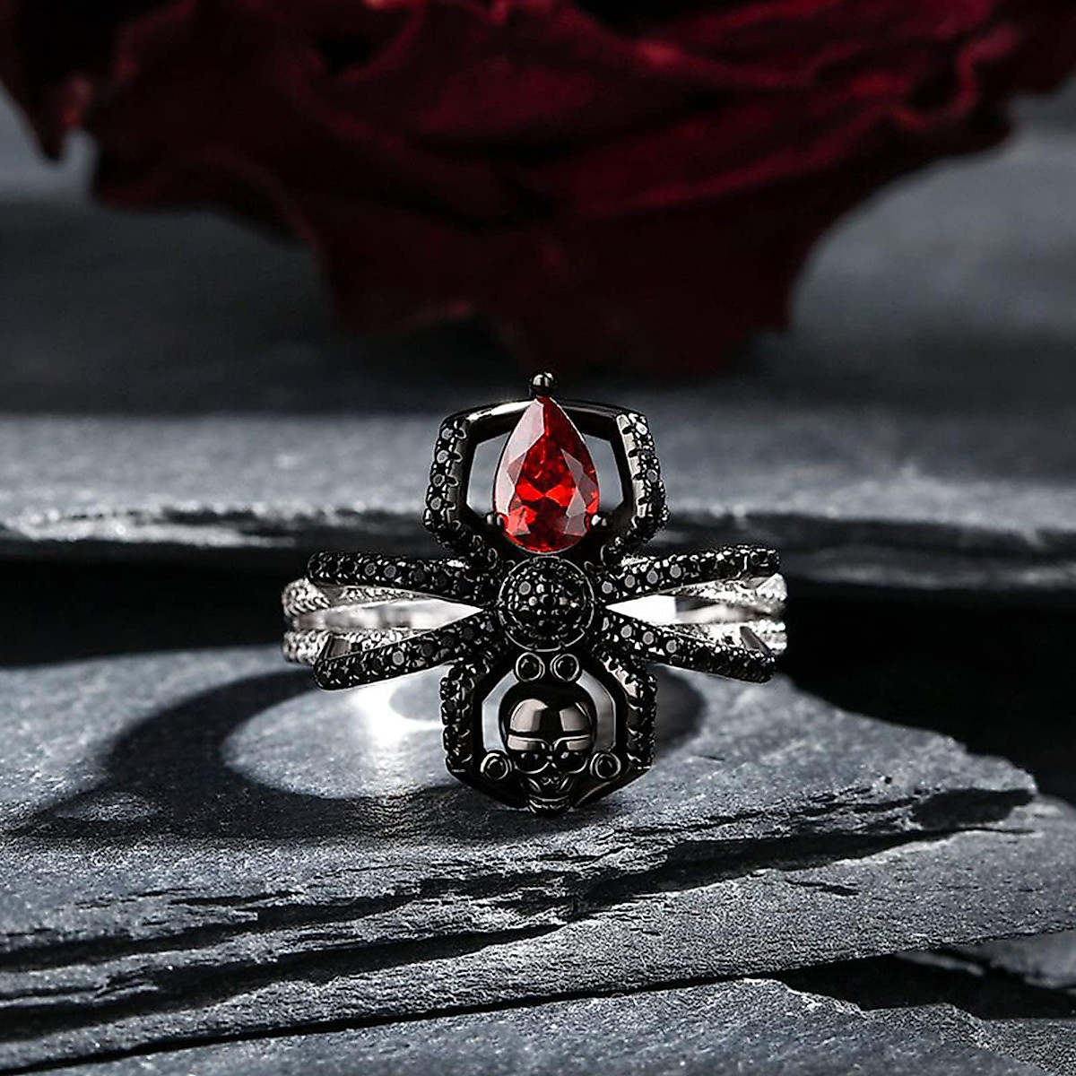 Jeulia Spider Skull Biker Black Ring Women Men Halloween Tone Pear Cut Sterling Silver Red Diamond Band Rings Black Plated Promise Rings with Jewelry Gift Box for Men(Black, 11)