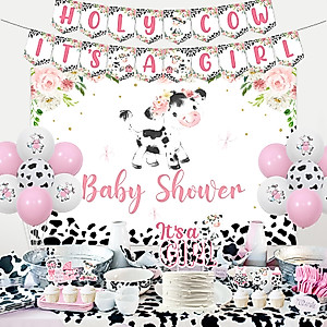Pink Cow Baby Shower Decorations - Pink Cow Baby Shower Backdrop, Holy Cow It’s a Girl Banner, Cow Theme Cake Cupcake Toppers, Cow Print Balloons for Farm Animal Cow Themed Baby Shower Decorations