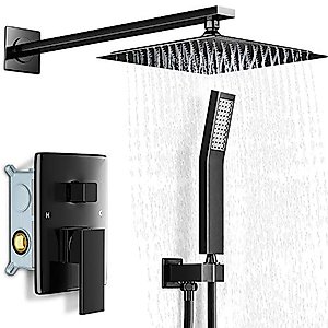 RUIFUDA Matte Black Shower System, 10" Shower Faucet Set Bathroom Luxury Rain Mixer Shower Combo Set Wall Mounted Rainfall Shower Head System (Rough-in Valve Body and Trim Included)