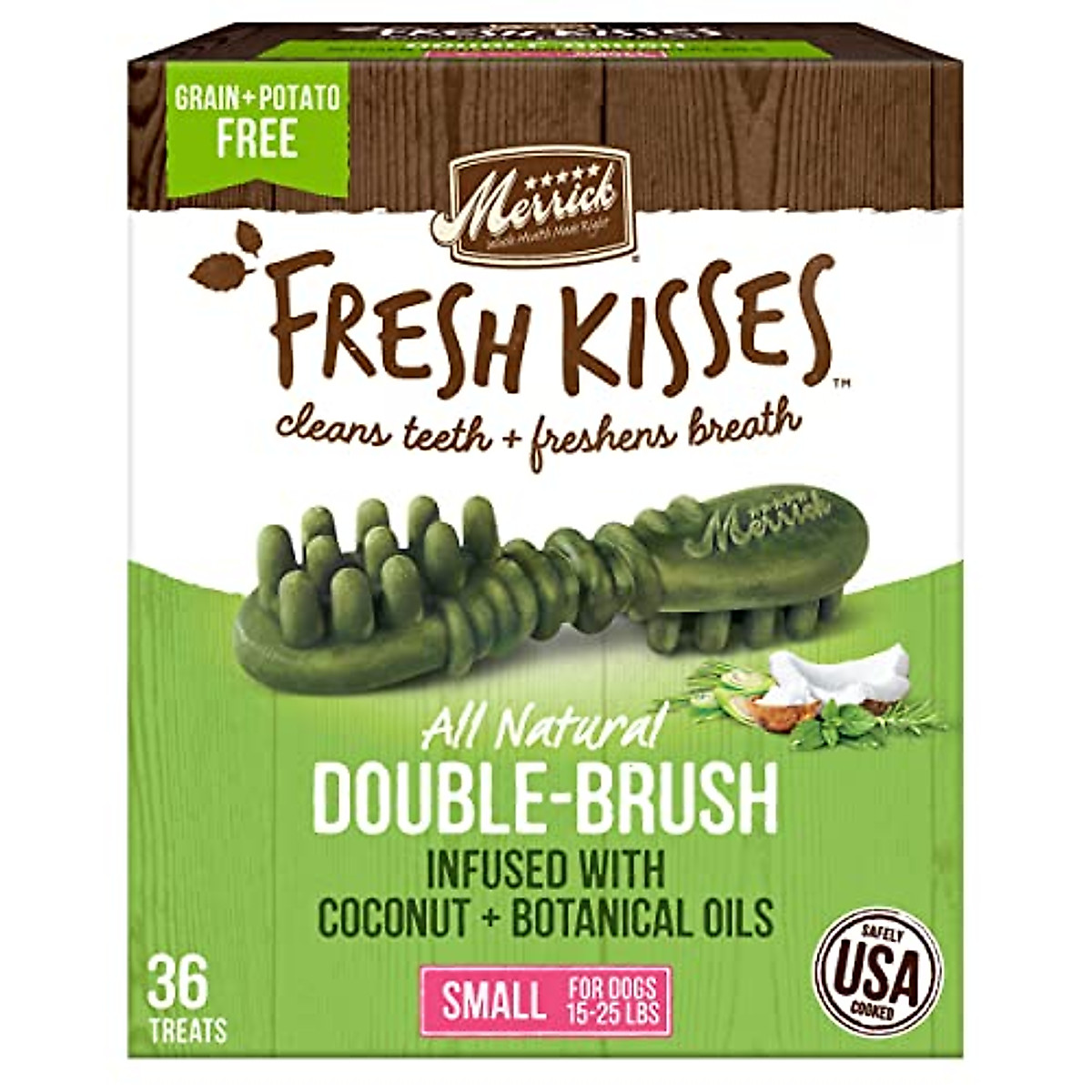 Merrick Fresh Kisses Dog Dental Treats, Coconut Plus Botanical Oils Recipe, Dog Treats for Small Breeds 15-25 Lbs - 23 oz Box with 36 Brushes