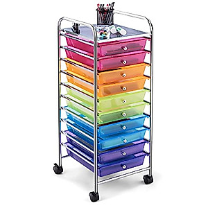 COSTWAY 10-Drawer Rolling Storage Cart, Utility Mobile Trolley with Removable Drawers & Universal Casters & 2 Brakes, Versatile Flexible Drawer Organizer Cart for Home, Office (Rainbow)