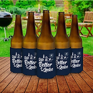 Life is Better At The Lake Can Coolie Can Sleeve Cooler Insulated Drink Coozies Soda Beer Hugger Coolies (Navy, 12 Pk)