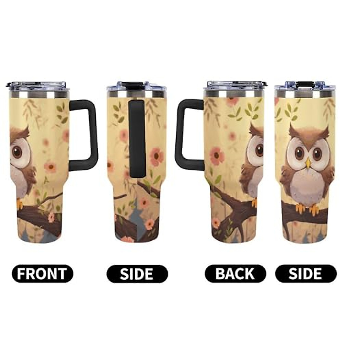 LPSADGF Cute Owl Insulated Stainless Steel Travel Mug, 40 Oz Tumbler with Handle And Straw Double-Wall Vacuum Coffee Cup, Leak-Proof Lid, Keeps Drinks Hot/Cold for Hours