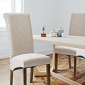 Merax Dining Chair Set of 2 Fabric Padded Side Chair with Solid Wood Legs, Nailed Trim(Beige)