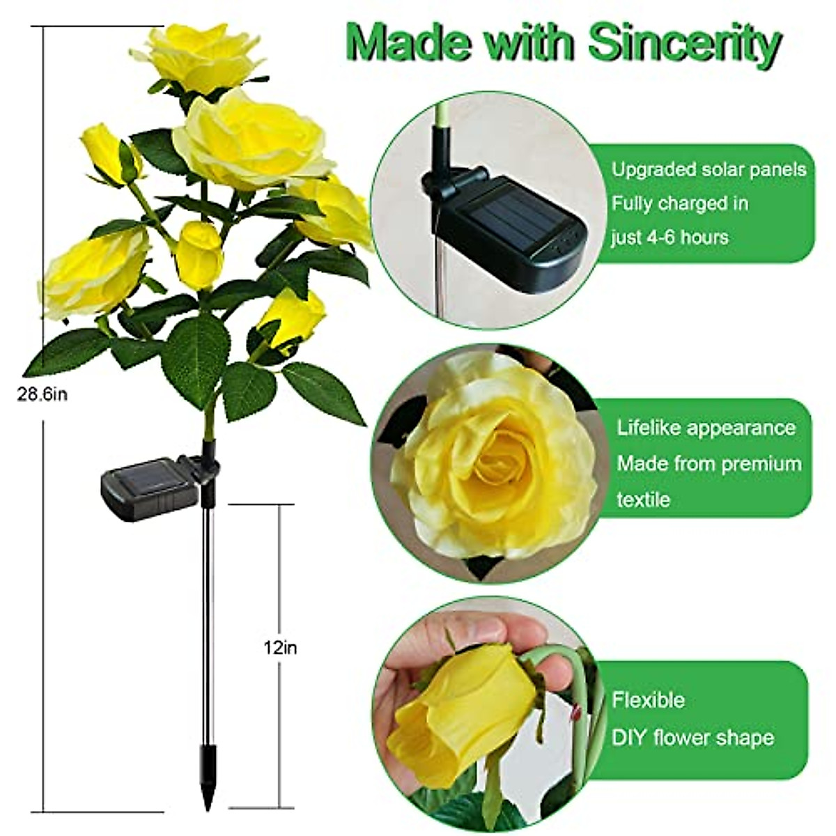 Abkshine Solar Rose Flower Lights Garden Decor, Upgraded 7-Rose Solar Flower Lights Yard Decor Outdoor Waterproof Garden Pathway Lights for Patio Pathway Courtyard Lawn Cemetery Decorations (Yellow)