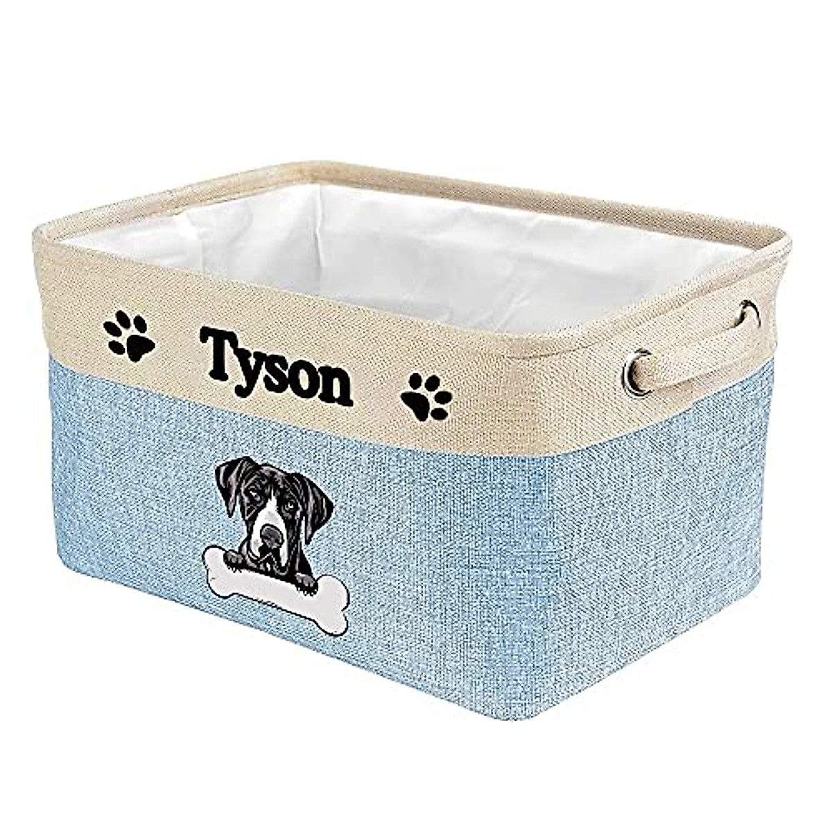 MALIHONG Personalized Foldable Storage Basket with Cute Dog Great Dane Collapsible Sturdy Fabric Bone Pet Toys Storage Bin Cube with Handles for Organizing Shelf Home Closet, Blue and White